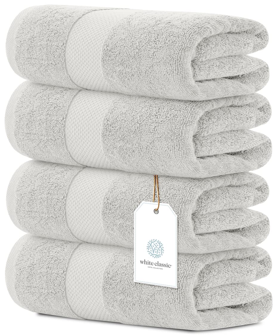 White Classic Luxury Bath Towels Large - Cotton Hotel spa Bathroom Towel |30x56 | 4 Pack | Silver