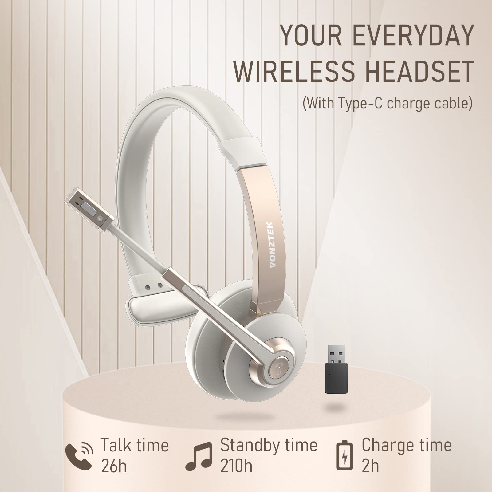 Wireless Headset, Bluetooth Headset with Microphone Noise Canceling, 45H Talk Time Wireless Headphones with USB Dongle & Mute for PC Computer Cell Phone Office Remote Work Zoom Meeting Call - Dune