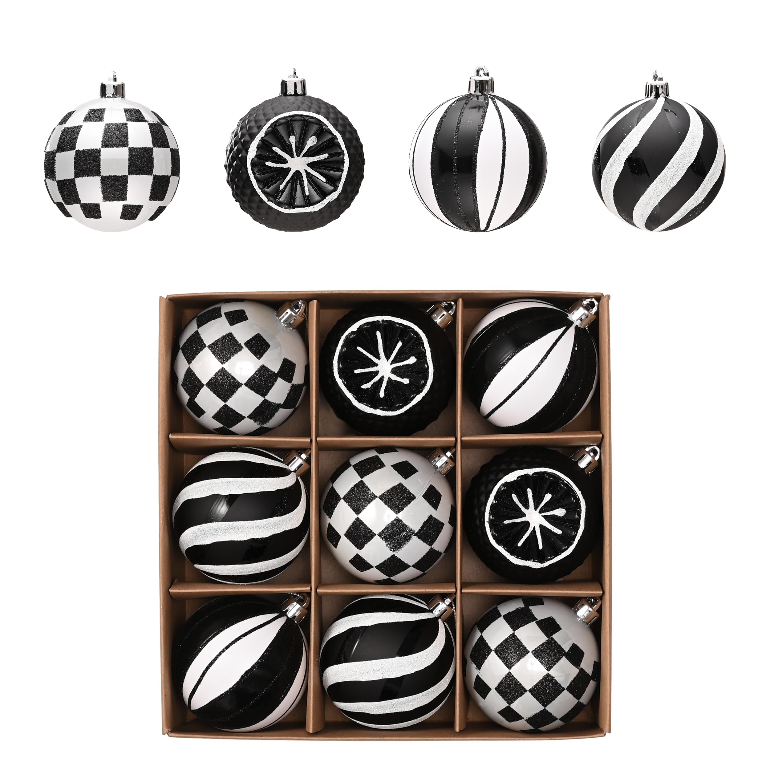 Valery Madelyn Christmas Ball Ornaments, 9ct Black and White Shatterproof Christmas Tree Decorations Set, 2.76 Inches Modern Hanging Ornaments for Xmas Trees Bulk Holiday Decor