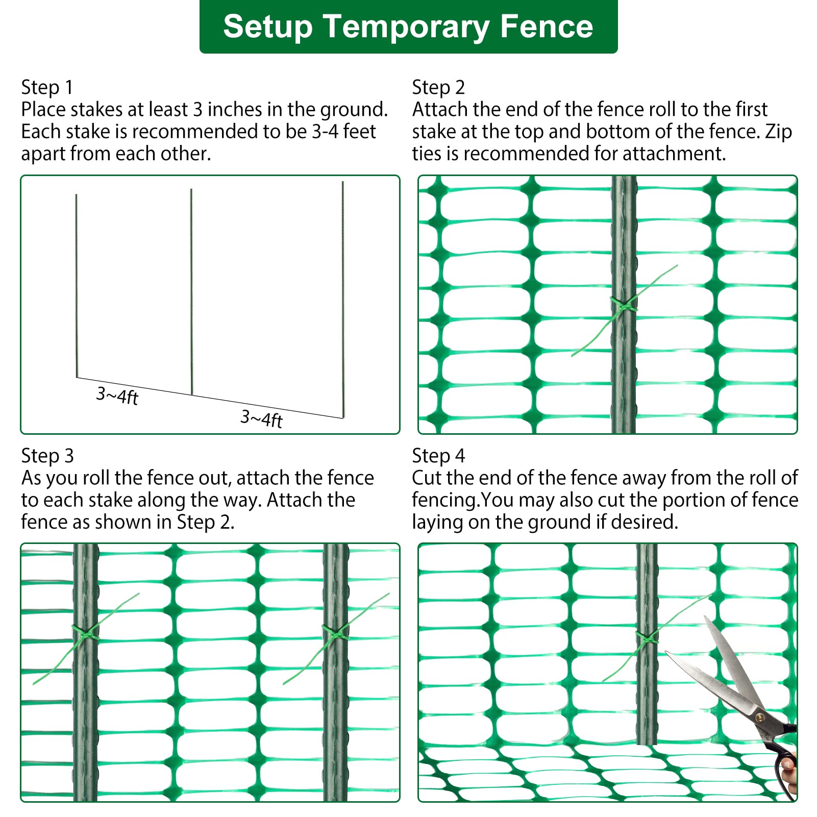 Safety Fence Plastic Mesh Fencing Roll,1 Roll with 25 Steel Stakes, Temporary Reusable Netting for Pool Fence, Garden, Construction