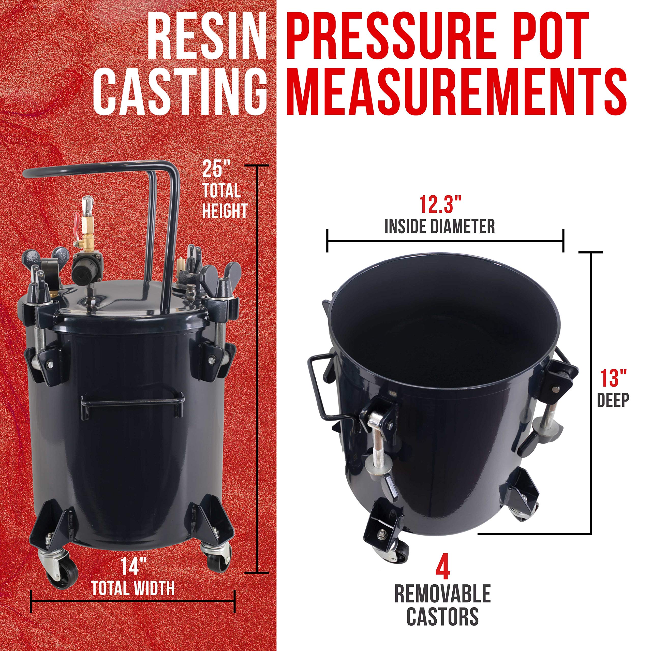 TCP Global 5 Gallon (20 Liters) Pressure Pot Tank for Resin Casting - Heavy Duty Powder Coated Pot with Air Tight Clamp On Lid, Caster Wheels, Regulator, Gauge - Use for Curing Resin in Casting Molds