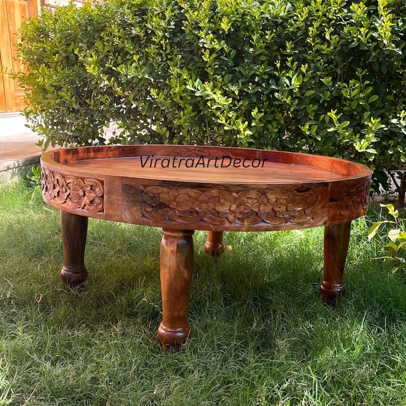 Wooden Decorative Chakki Table In Floral Pattern Carving, Handicraft Coffee Table/Side Table/End Table (45x45x20 Cm)