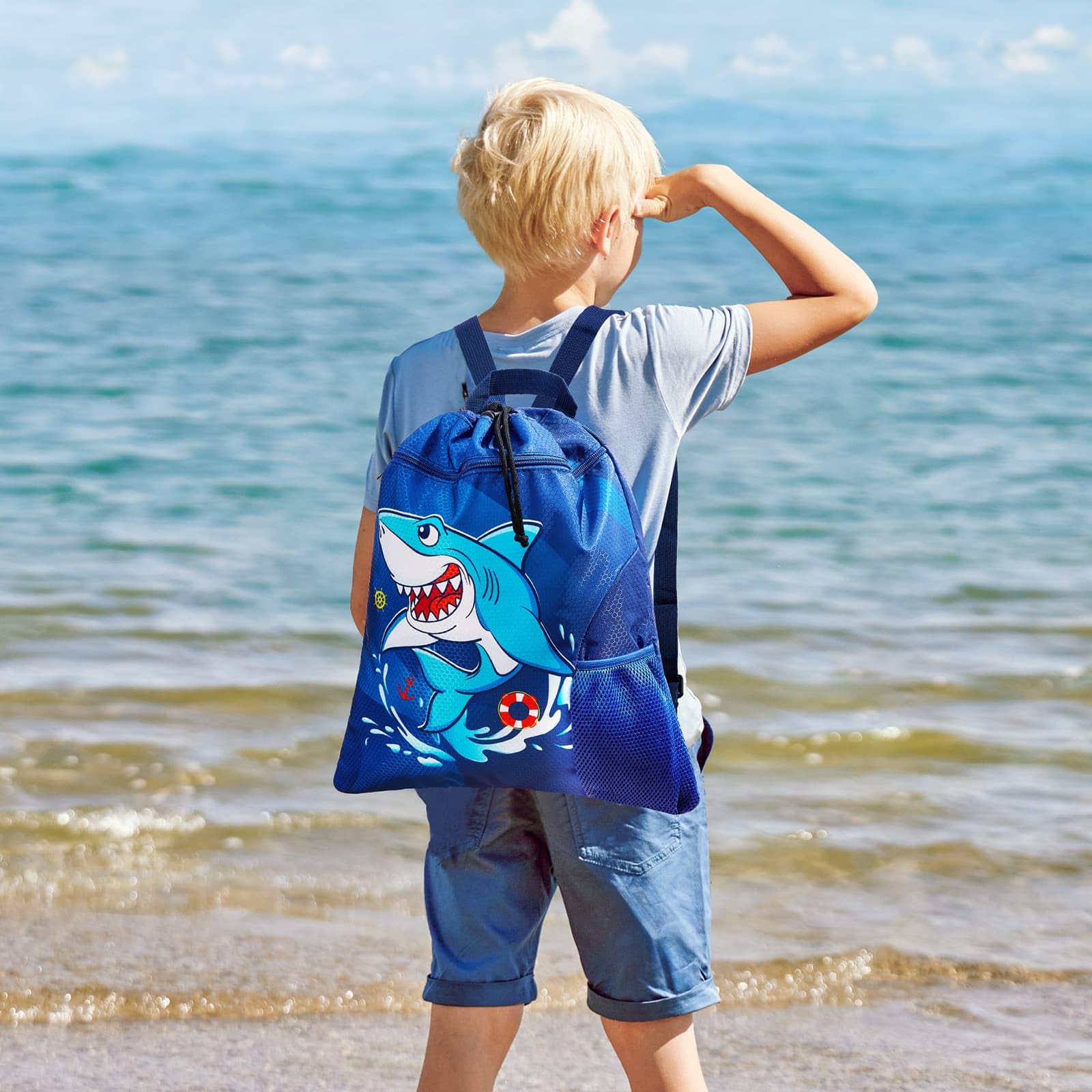 WAWSAM Shark Gym Drawstring Backpack - 15β x 17β Sports Gym Bag Drawstring Bag for Boys Kids Waterproof String Backpack for Beach Swim Travel Yoga Gift with Zipper Pocket and Water Bottle Pocket