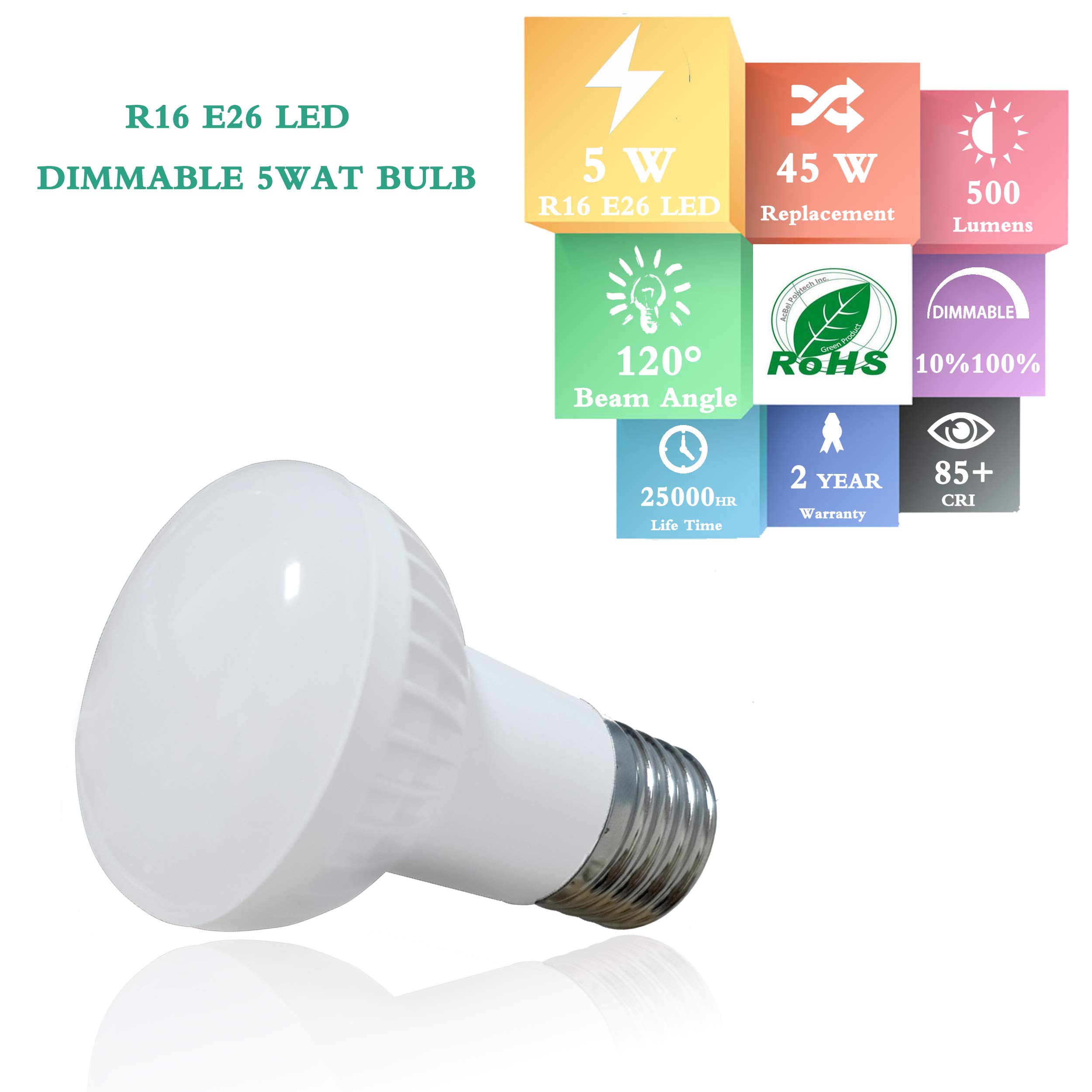YMZM R16 Mini Reflector Light Bulb,E26 Intermediate Base Led,5-Watt Dimmable Br16 Flood led Bulb,Soft White 3000K, 120 Degree,500lumen 40W Incandescent Replacement(6 Pack)