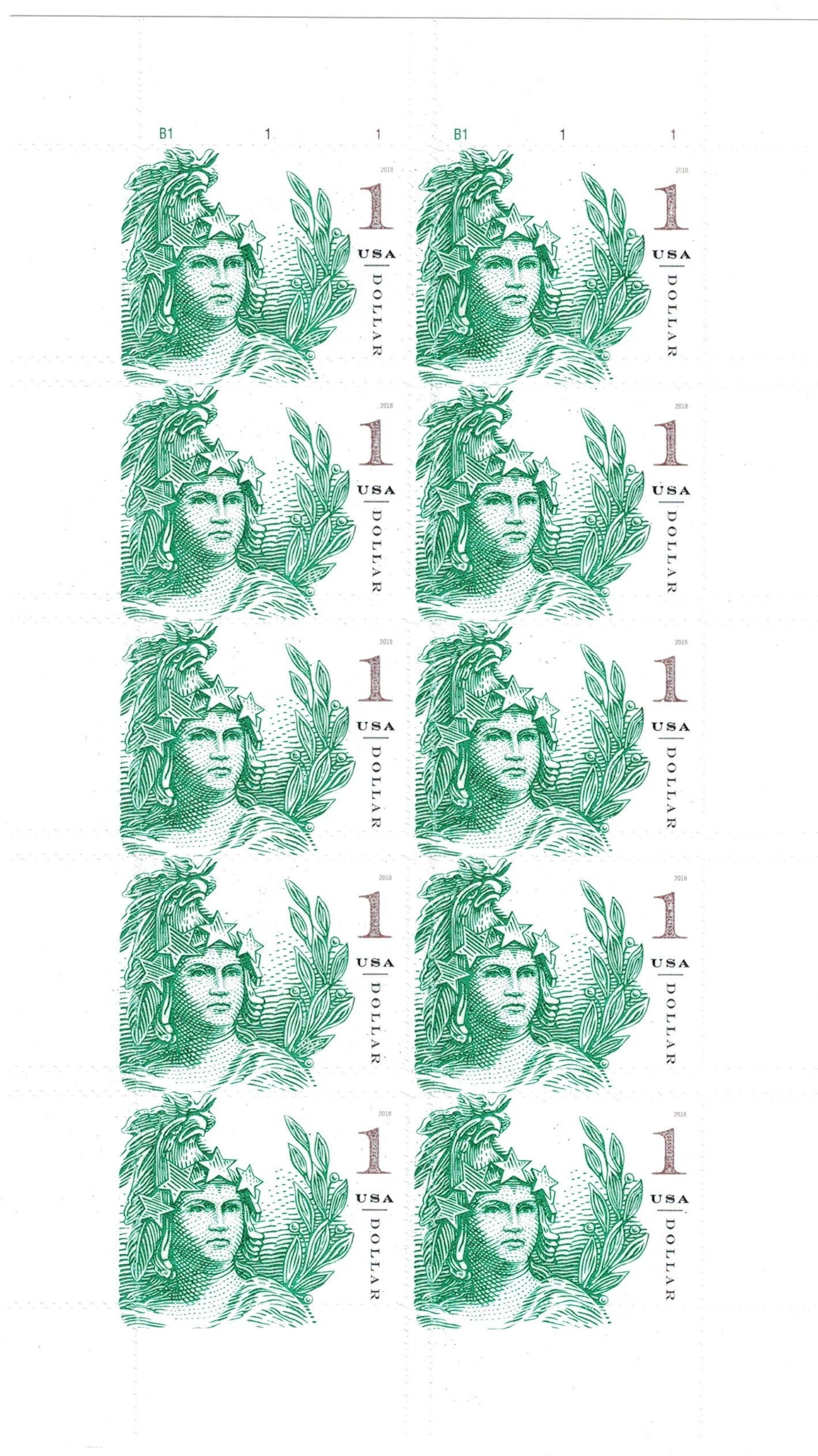 USPS Statue of Freedom, Head of Statue of Freedom on U.S. Capitol Dome (Sheet of 10) $1 Postage Stamps 2018 Scott #5295
