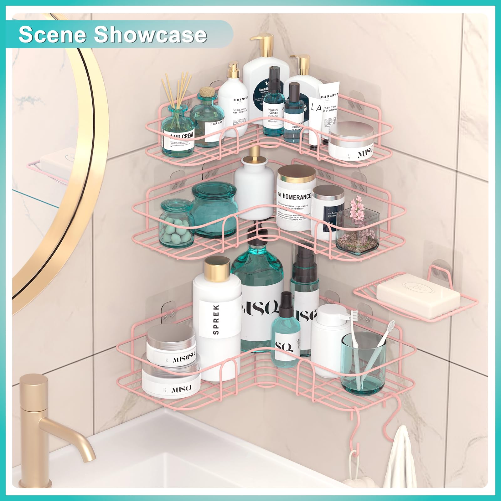TOVE KNIGHTY Pink Shower Caddy, 4 Pack Corner Shower Shelves, Shower Organizer Shelf with Soap Dish and Hooks, No Drilling Self Adhesive Rustproof Shower Rack for Bathroom Kitchen Storage