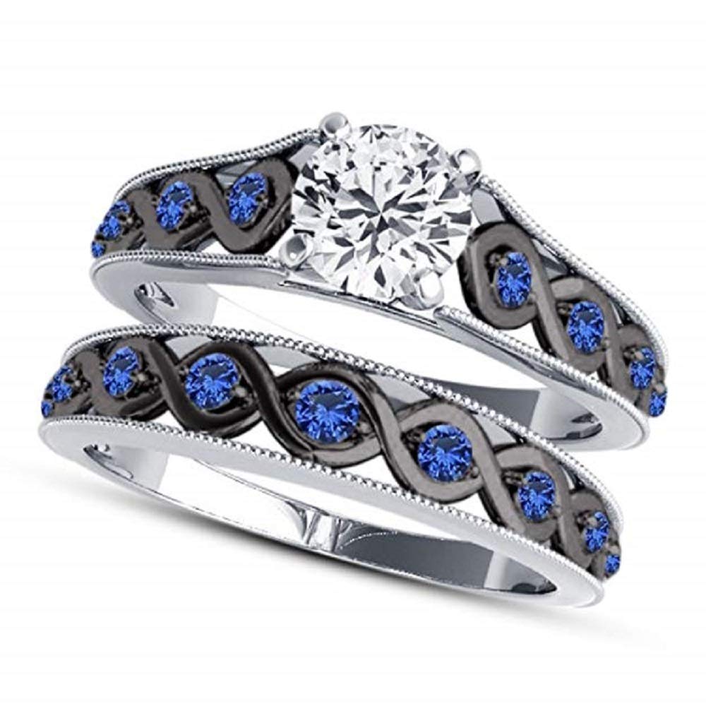 TVS-JEWELS Sterling Silver 925 Two Tone Wedding Bridal Ring Set with Round Cut CZ & Blue Sapphire (12)