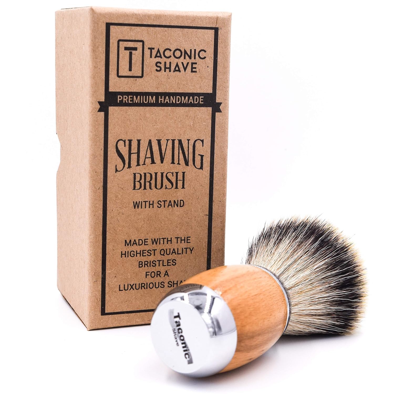 Taconic Shave's Synthetic Silvertip Luxury Shaving Brush β Deluxe Beechwood and Chrome Handle - Shaving Stand Included