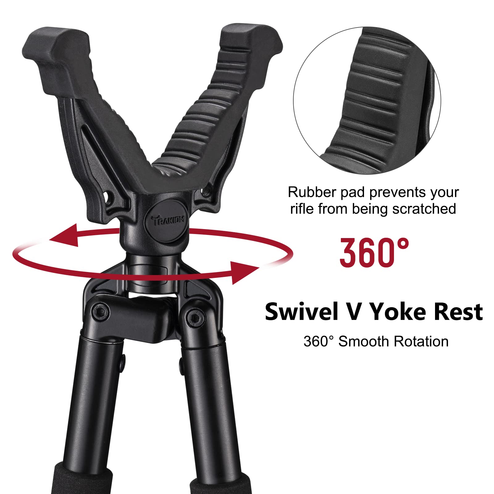 Trakiom Bipod Shooting Sticks for Hunting, Shooting Bipod for Hunting, Adjustable Bipod Shooting Rest, Rifle Bipod with 360° Rubber V Yoke Rest, Twist Lock, Lightweight Aluminum Frame and Spike Feet