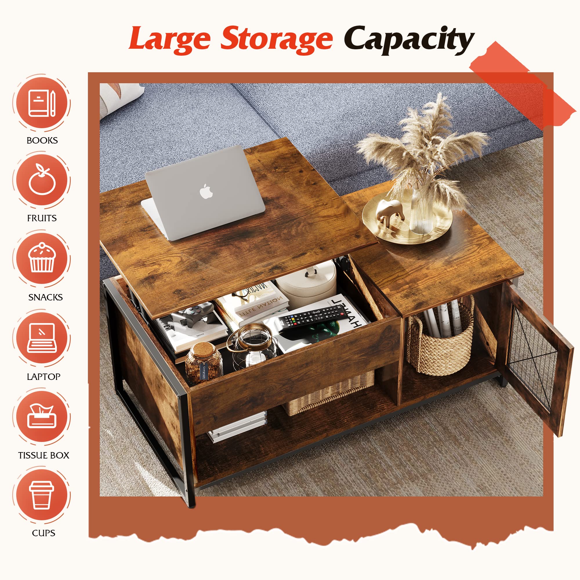 WLIVE Lift Top Coffee Table with Storage Cabinet, 41.7" Wood Coffee Table for Living Room, Retro Center Table with Lifting Top, Hidden Compartment and Open Shelf for Home, Office, Rustic Brown
