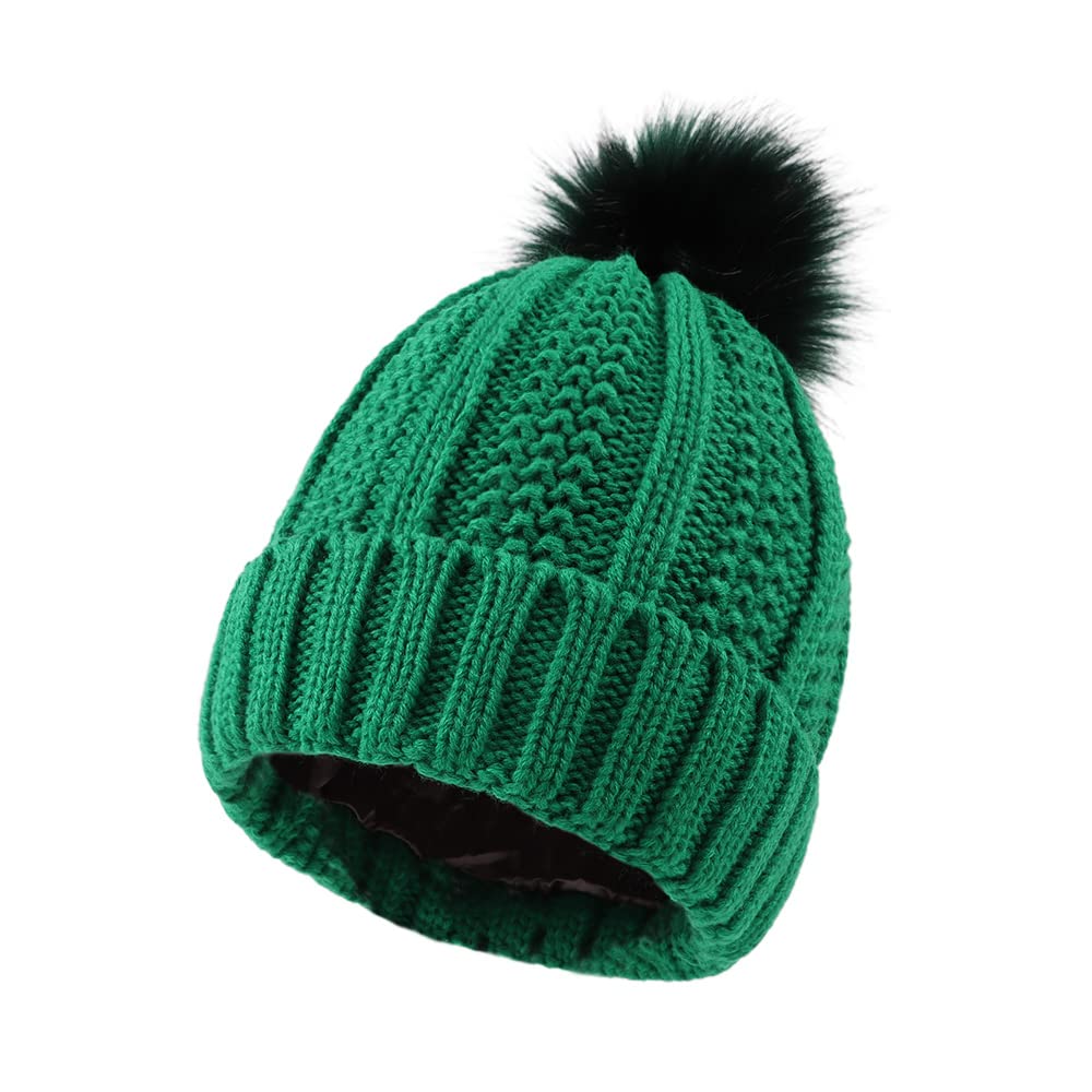 Yuoahcn Women Winter Beanie Hat Satin Lined Winter Hat with Pompom Thick Cuffed Warm Snow Knit Skull Cap (Green)