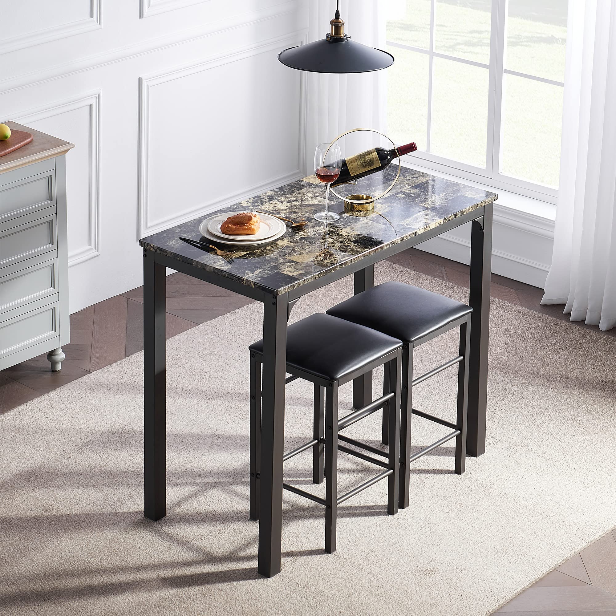 VECELO 3-Piece Pub Counter Height Breakfast Table with 2 Bar Stools, Dining Set for 2, Dark Brown