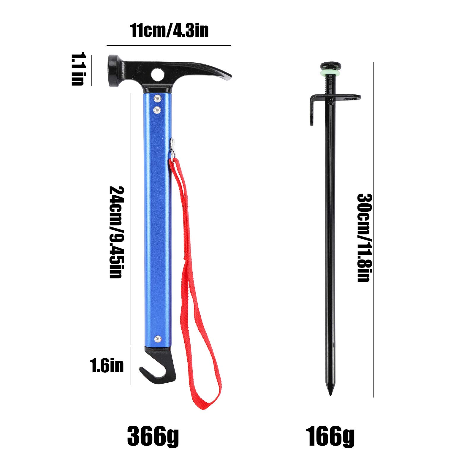 XMSound 8pcs Heavy Duty Iron Tent Stakes,1 Super Light Tent Mallet Hammer,Lightweight & Sturdy & Anti-Rust, Great for Camping, Hiking, Backpacking, Gardening
