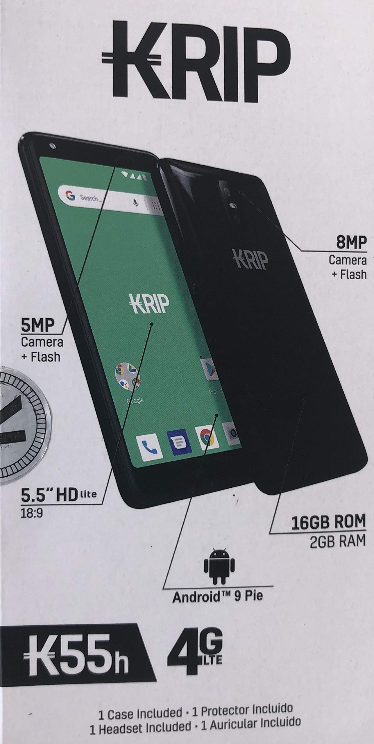 Unlocked Smartphone Android 0S 9-Pie - Mobile KRIP K55h 4GLTE- Screen 5.5"- Memory (16GB + 2GB) -Cell phone Camera (8MP AF +5MP FF )GSM Dual Sim + Case and Headset Included. Blue