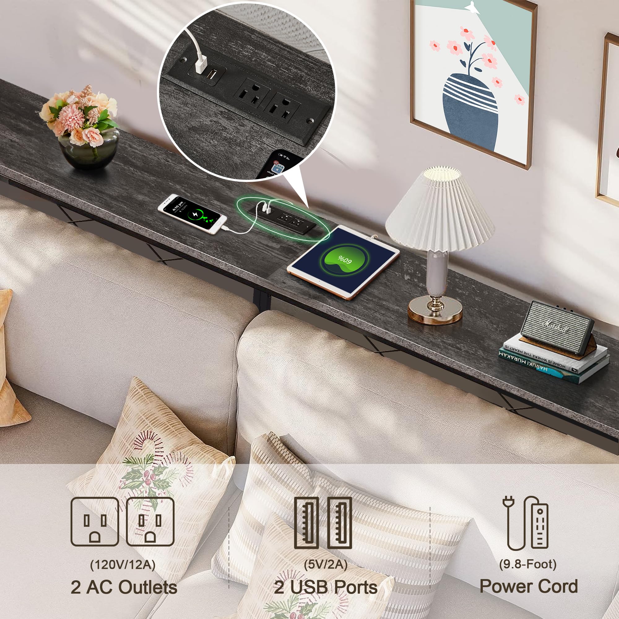 VECELO 55In Extra Long Narrow Sofa/Console Table with Charging Station & Power Outlet and USB Ports, for Entryway, Living Room, Office, Industrial, Dark Grey