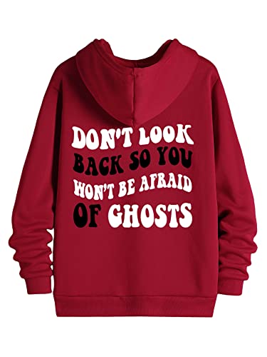 WDIRARA Men's Hand Graphic Print Drawstring Hoodie Long Sleeve Pocket Sweatshirt Back Letter Print Burgundy M