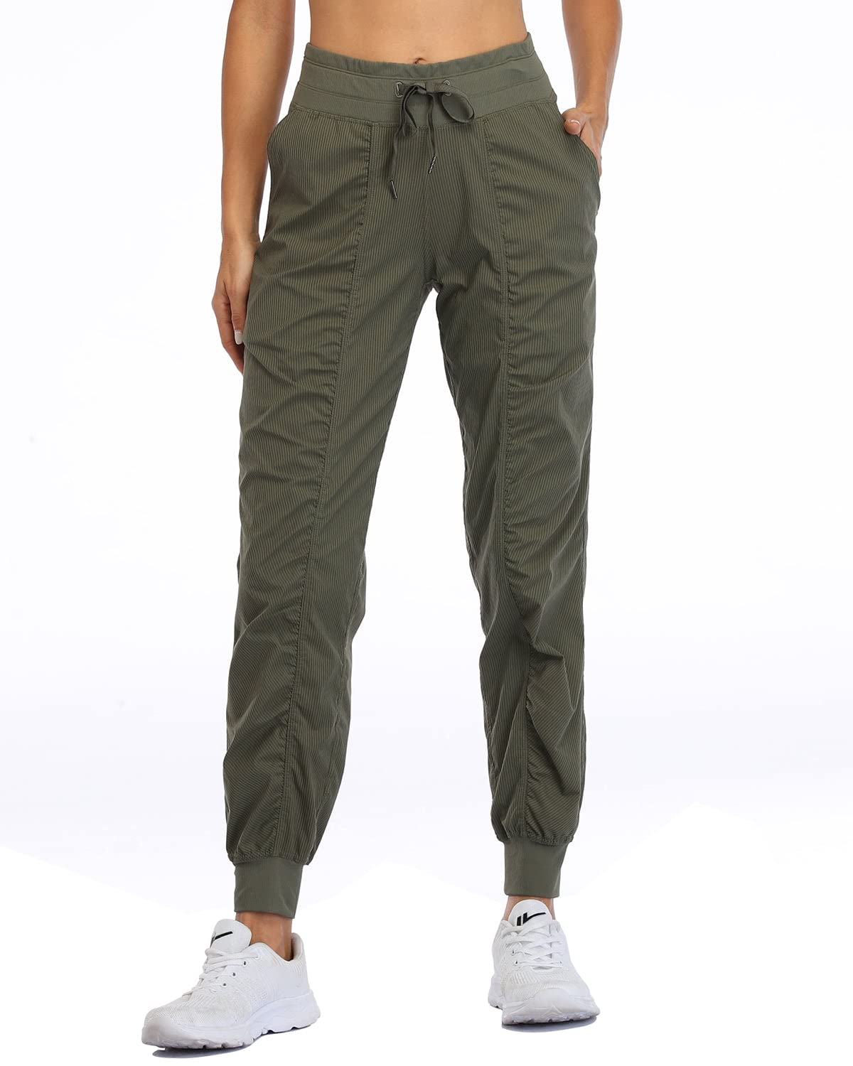 Willit Women's Studio Joggers Hiking Travel Dance Pants Striped Workout Lounge Drawstring Pants with Pockets Army Green S