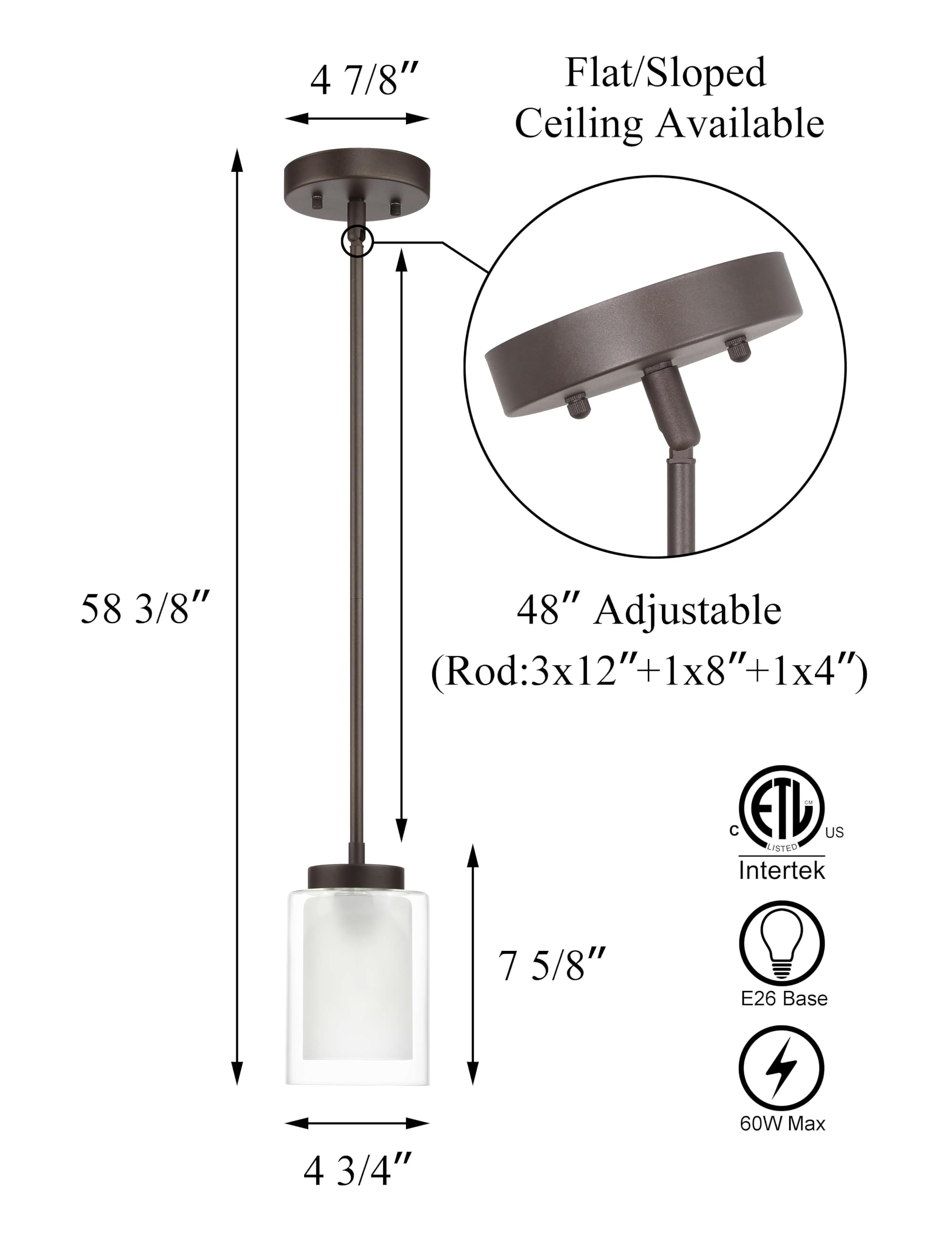 XiNBEi Lighting Pendant Lighting Modern 1 Light Mini Pendant Light with Dual Glass in Dark Bronze, Adjustable Hanging Ceiling Light for Kitchen & Living Room XB-P1195-DB