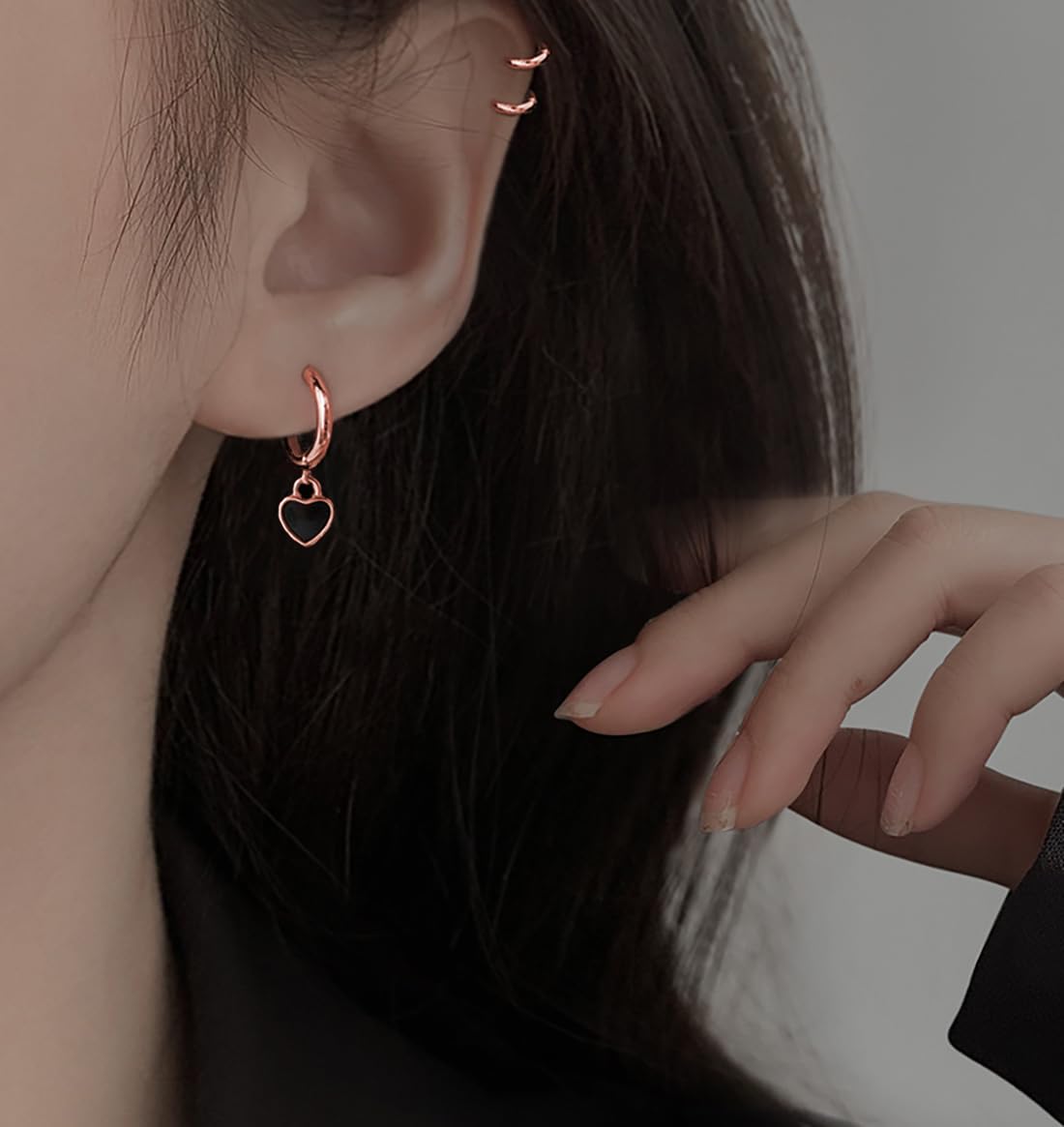 SLUYNZ 925 Sterling Silver Black Heart Hoop Earrings for Women 1.4CM Heart Hoop Dangle Earrings (C-Rose Gold)