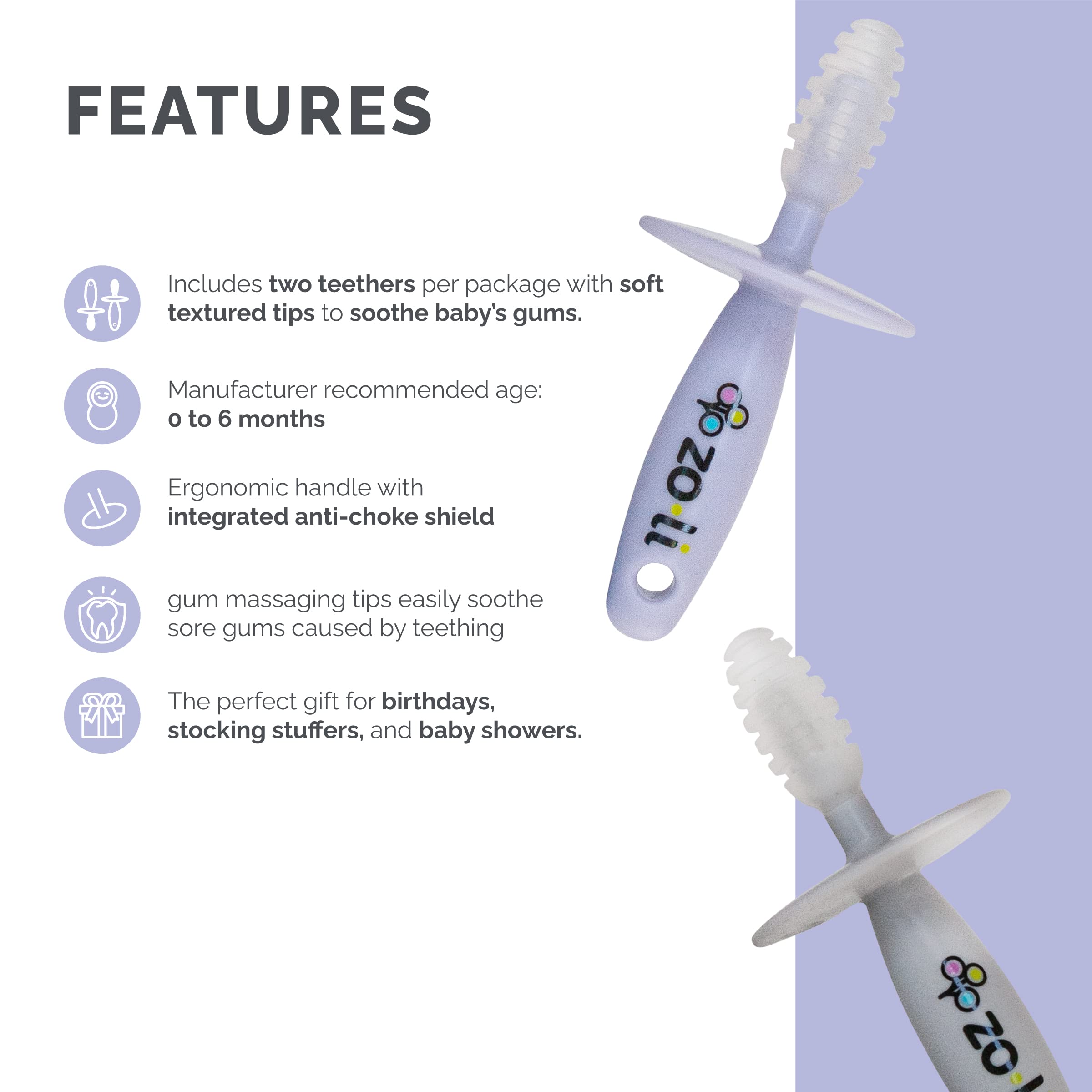 ZoLi Chubby Gummy teether | 2 Pack Baby Teething Relief - Lilac/Grey, BPA Free Teething Stick