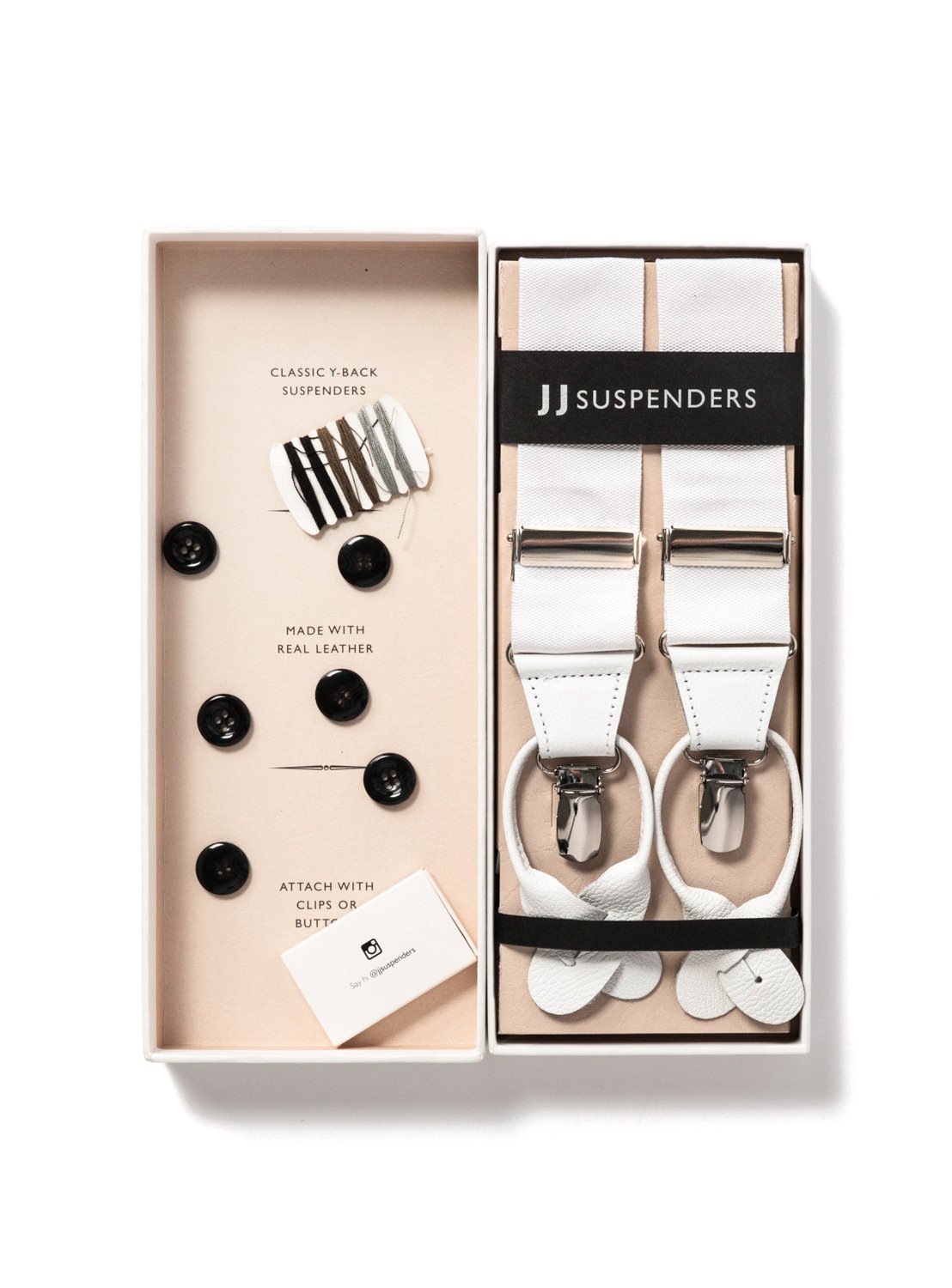 White Suspenders Genuine Leather Clip Suspenders (Button/Clip-on Wide)