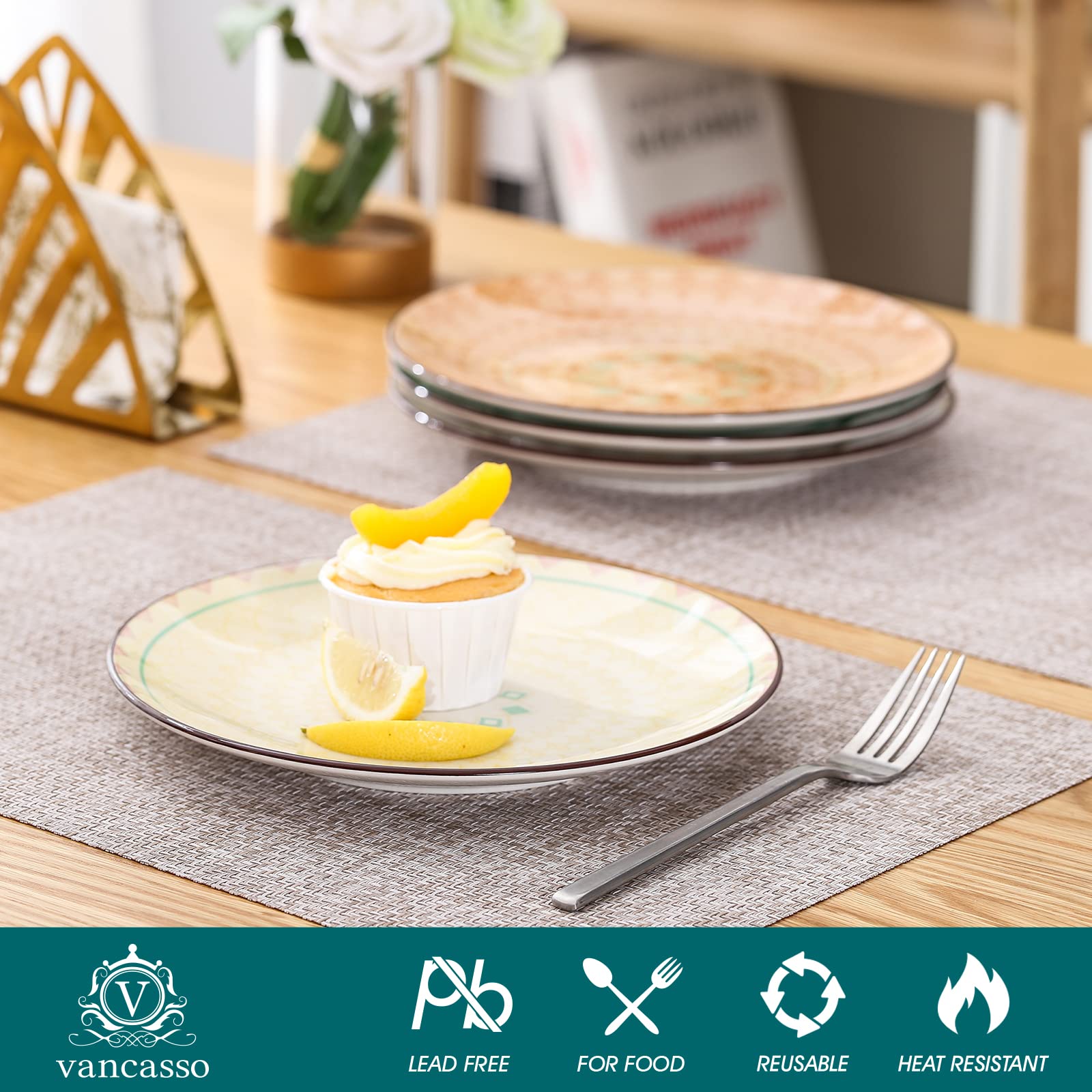 vancasso Tulip Porcelain Dessert Plate - Multicolour Patterned Japanese Style Dinner Service Moroccan Crockery Side Plate Set of 4, 8.5 inch Snack/Salad/Fruit Plate. (21.5 * 21.5 * 2.5cm)