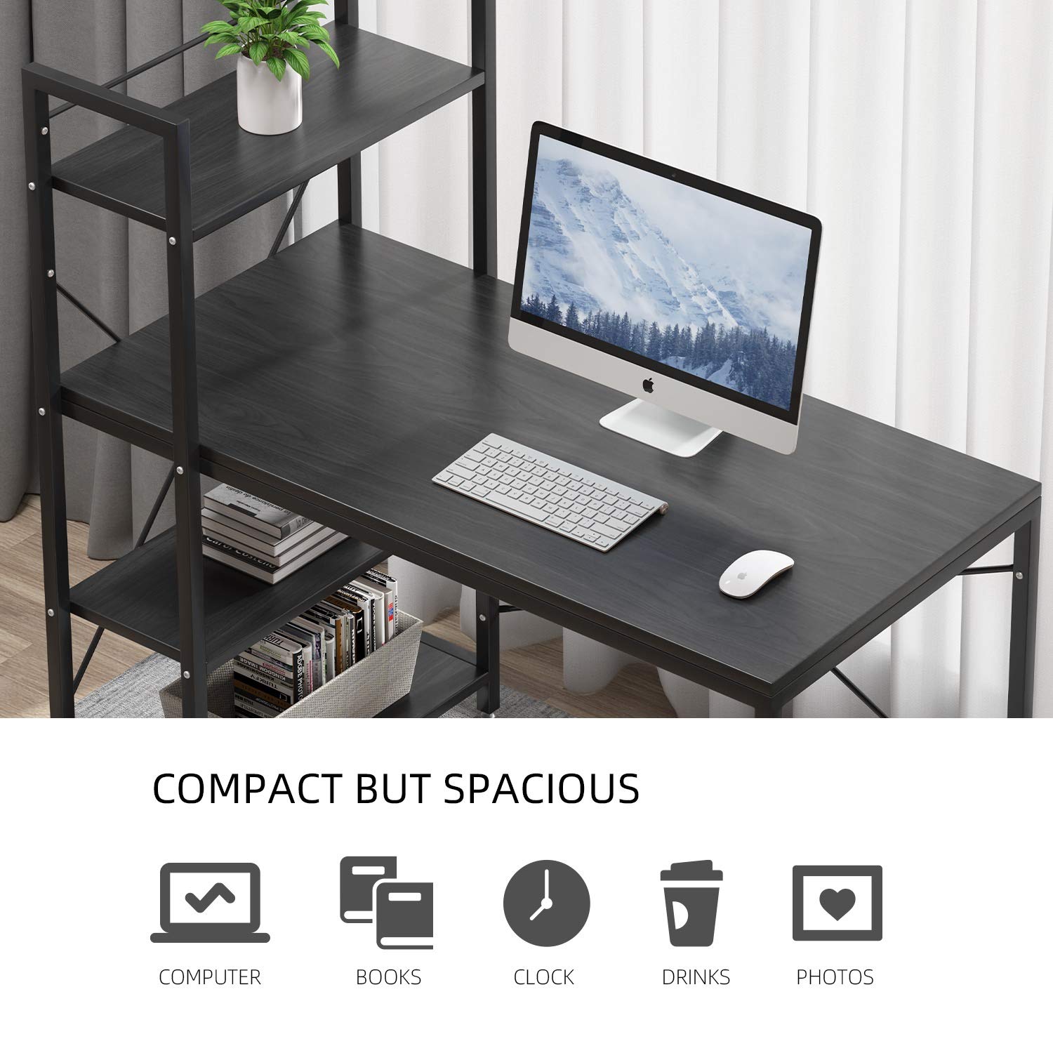 Tower Computer Desk with 4 Storage Shelves - 47.6 inch Writing Study Table with Bookshelves Study Desk Modern Steel Frame Compact Wood Desk Home Office Workstation (Black)