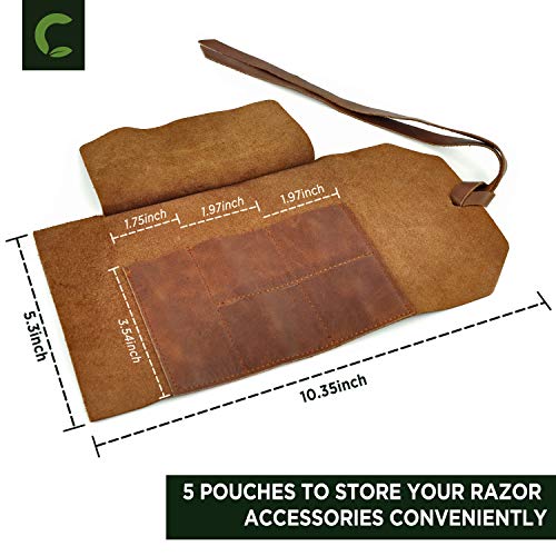 ZOMCHI Genuine Leather Safety Razor Case, Razor Travel Shave Case with Pouches for Blades, Shaving Kit (Brown)