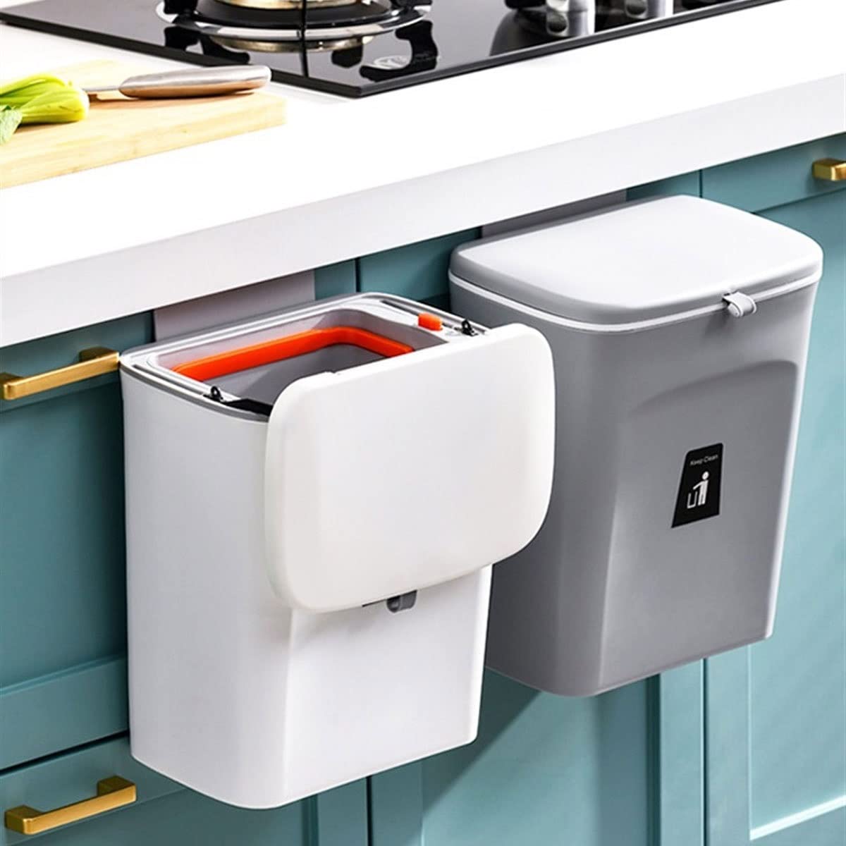 Trash can Kitchen Waste Bin Wall Mounted Trash Can Recycle Rubbish Bin Bathroom Dustbin Door Hanging Trash Bin Kitchen Trash Can (Color : Gris)