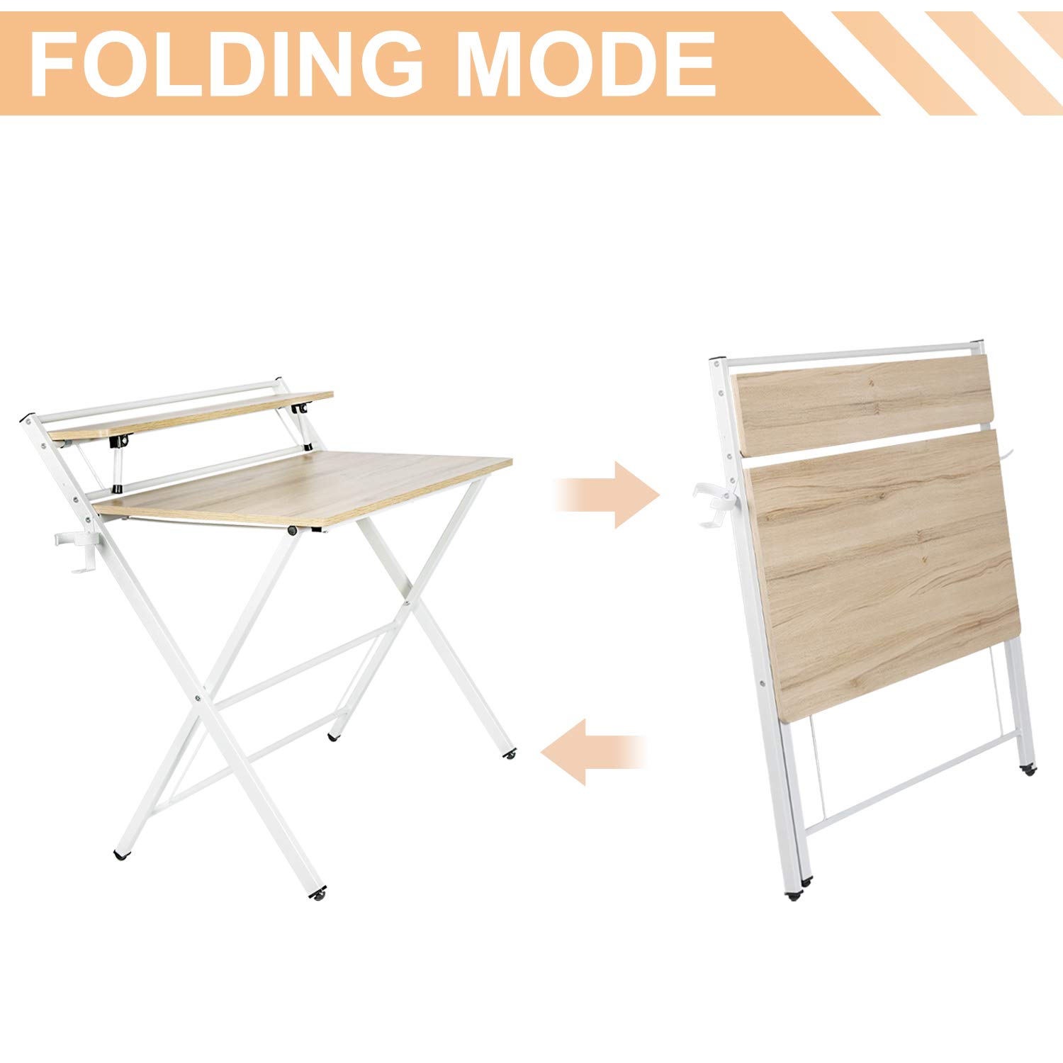 Small Desk for Bedroom, 2-Tier Small Computer Desk with Shelf Space Saving Laptop Study Foldable Table for Small Spaces