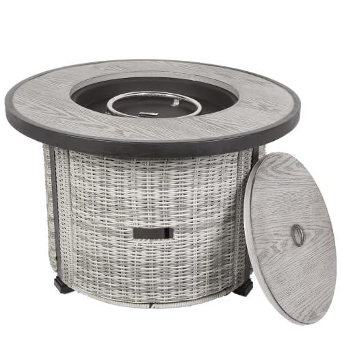 Wekity 36" Gas Propane Fire Pit Table, 50000 BTU Round Gas Fire Table with Lid & Lava Rock, Grey Rattan & Wicker Base, Outdoor Gas Firepit Table for Outside, Yard, Patio, Party, Garden (Grey)