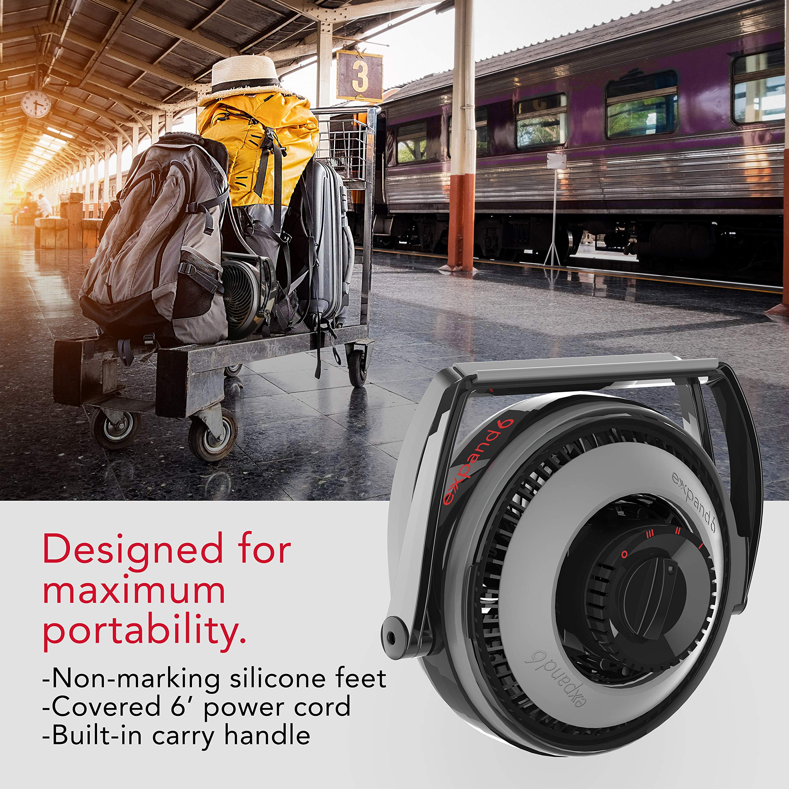 Vornado - CR1-0354-06 EXPAND6 Small Travel Air Circulator Fan with Collapsible Body, Built-in Carry Handle, Integrated Cord Storage, Multi-Directional Airflow, Black/Gray