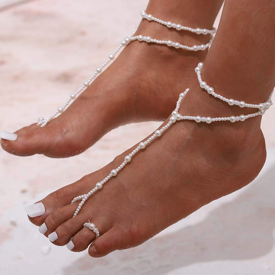 Yalice 2Pcs Pearl Barefoot Sandals Anklet Beach Foot Chain Toe Wedding Ankle Bracelet Jewelry for Women (2 layered)