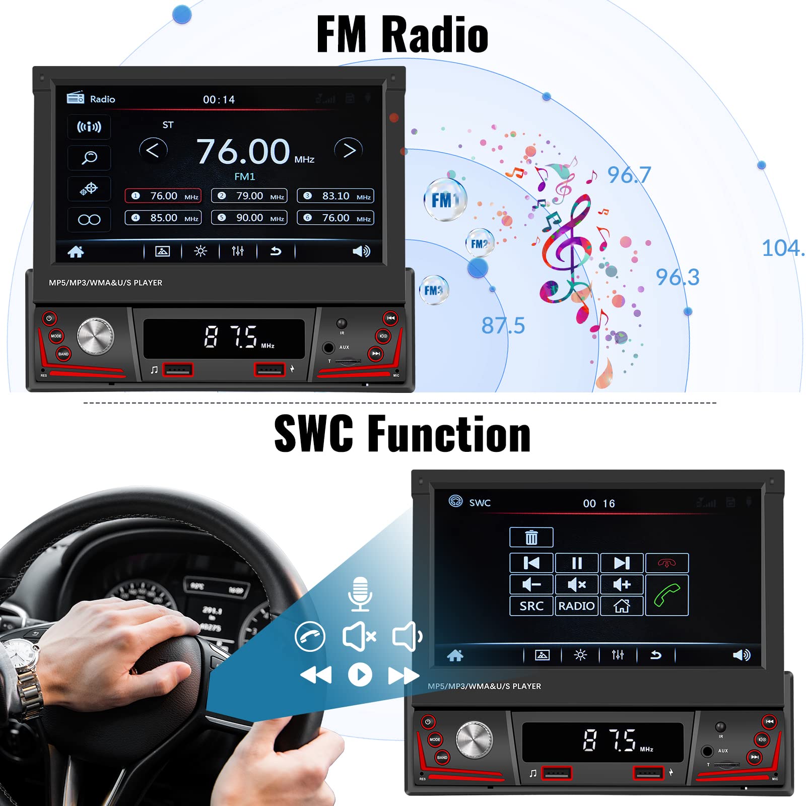UNITOPSCI Single Din Car Stereo Radio 7 Inch Flip Out Touch Screen Bluetooth Radio FM Car MP5 Player Mirror Link AUX/TF Card Input/Dual USB/Fast Charge SWC EQ with Backup Camera Remote Control Mic