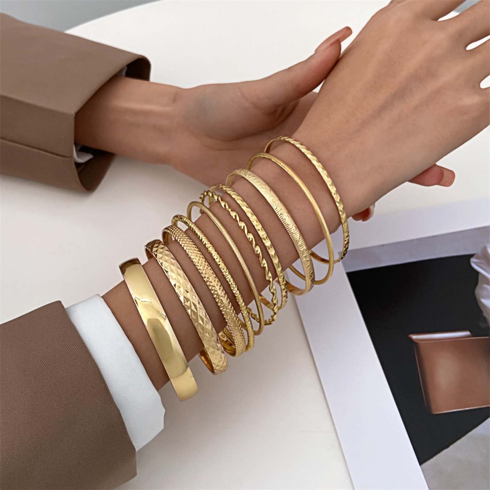 Zeshimb Gold Bangle Bracelet Set for Women Multi Stacking Wide Bangles Indian Bollywood Chunky Bangle Bracelets Ethnic Glossy Textured Bracelets Wedding Outfit Jewelry (10Pcs)