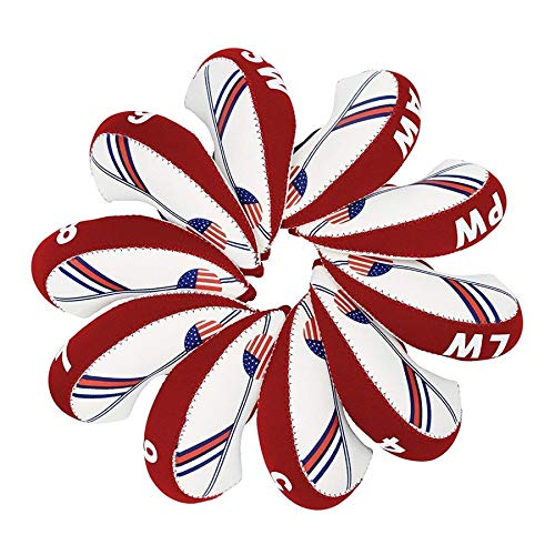 SUNBRO Golf 10Pcs USA Flag Neoprene Golf Club Head Cover Wedge Iron Protective Headcover (Red USA)