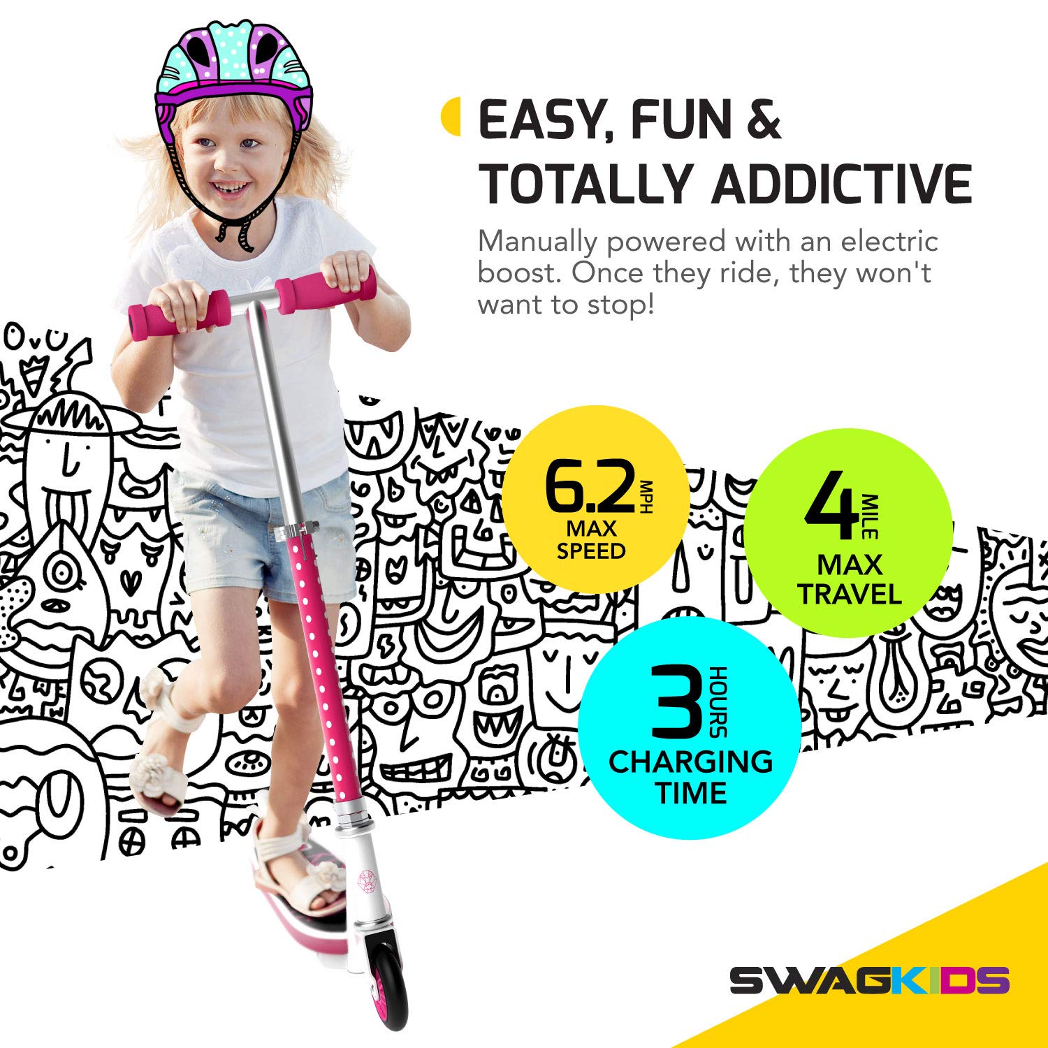 Swagtron SK1 Kick Start Electric Scooter for Kids with Extended Life Battery, ATSM Certified, Adjustable, Ages 5+, Firetruck Red