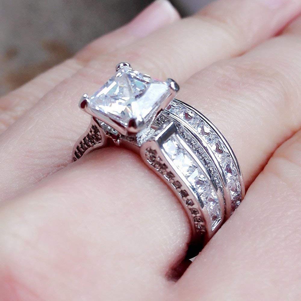 Zhiwen Lovely Ring -2-in-1 Womens Vintage Princess Cut Topaz Cz 10KT White Gold Filled White Diamond Silver Engagement Wedding Band Ring Set Size6-10 (US code 8)