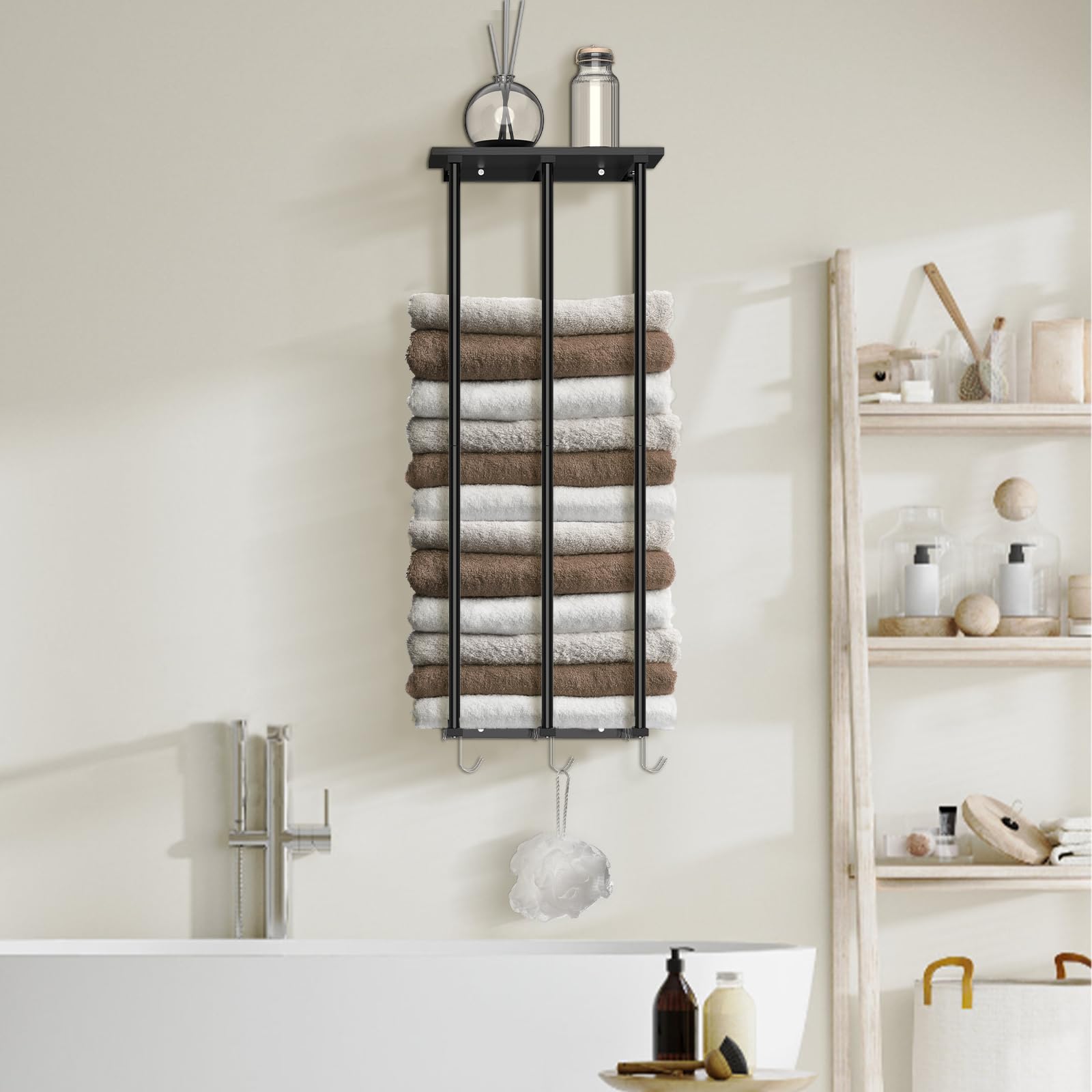 Towel Racks for Bathroom Wall Mounted, MOOACE 3 Bar Adhesive Rolled Towel Storage Holders with Wood Top and 6 Hooks,Metal Bathroom Organizer for Folded Large Towel - Black