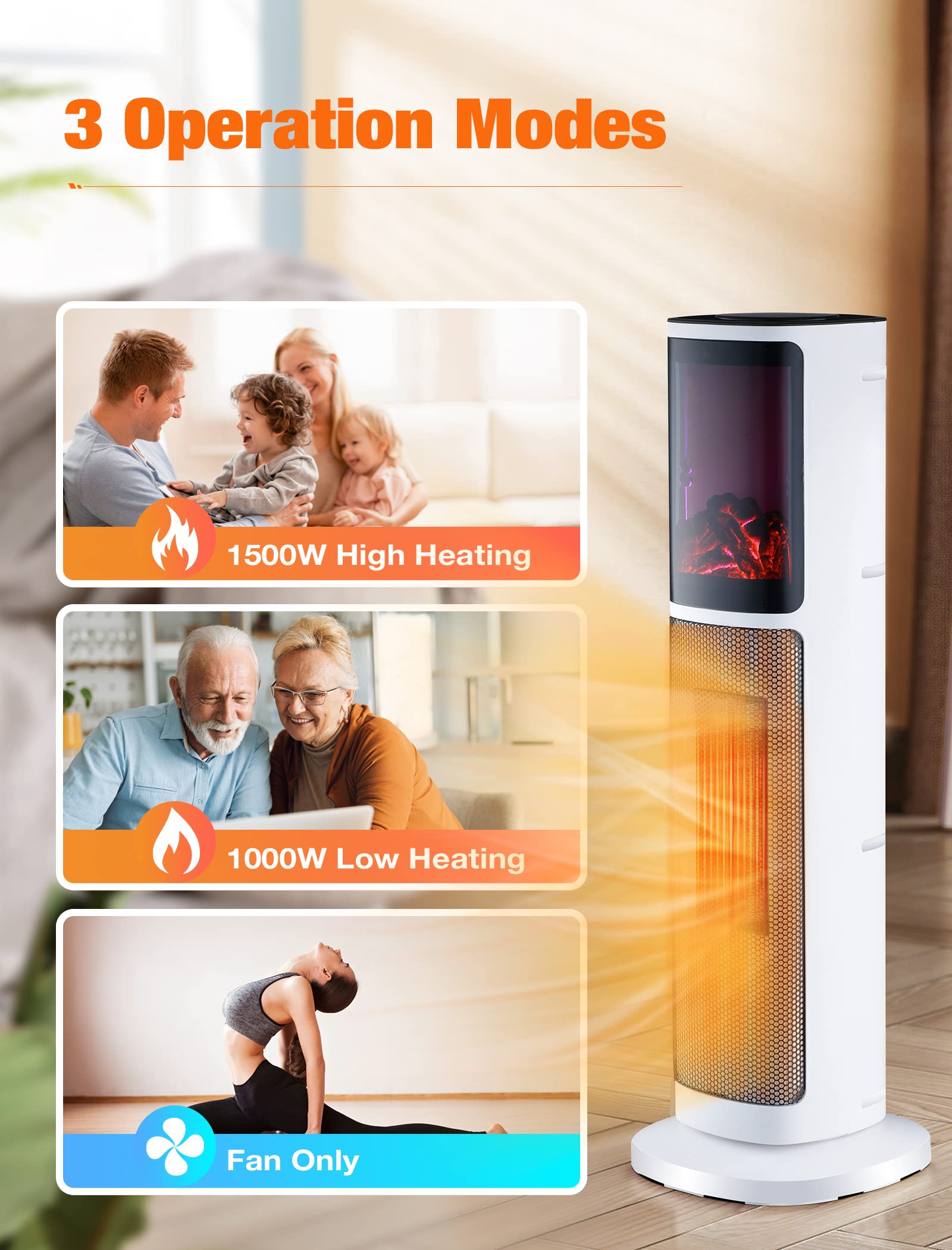 Tower Space Heater for Room, Indoor Electric Space Heater, 3 Modes & Thermostat, 90° Oscillation, 12H Timer, Remote, Overheat & Tip-Over Protection, 3D Flame, Space Heater for Office/Home/Indoor