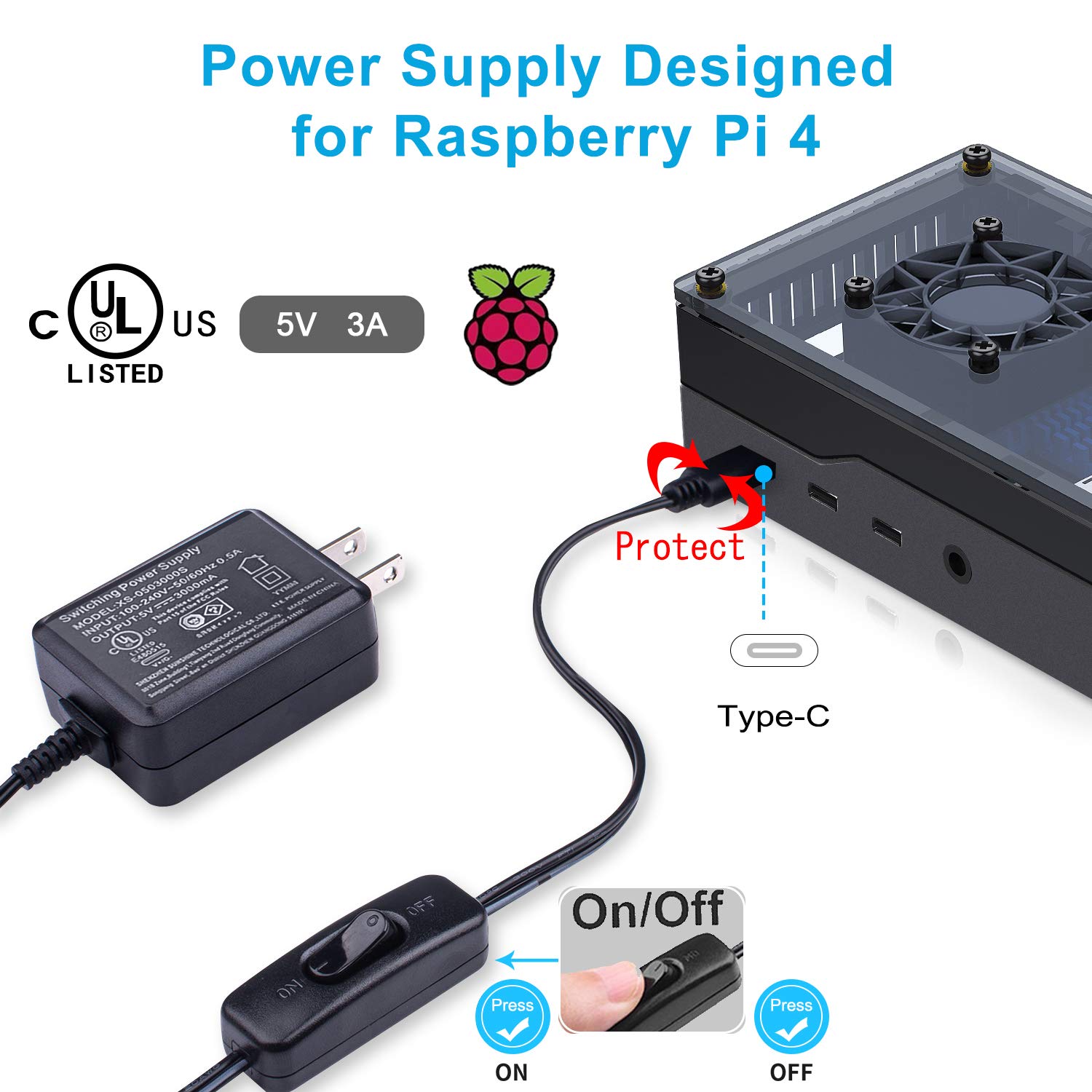 Smraza Case for Raspberry Pi 4, Acrylic Case for Raspberry Pi 4B with Cooling Fan 35mm, 4pcs Heatsinks, 5V 3A Power Supply for Raspberry Pi 4 Model B, RPI 4 8GB/4GB/2GB(The Board Not Included)