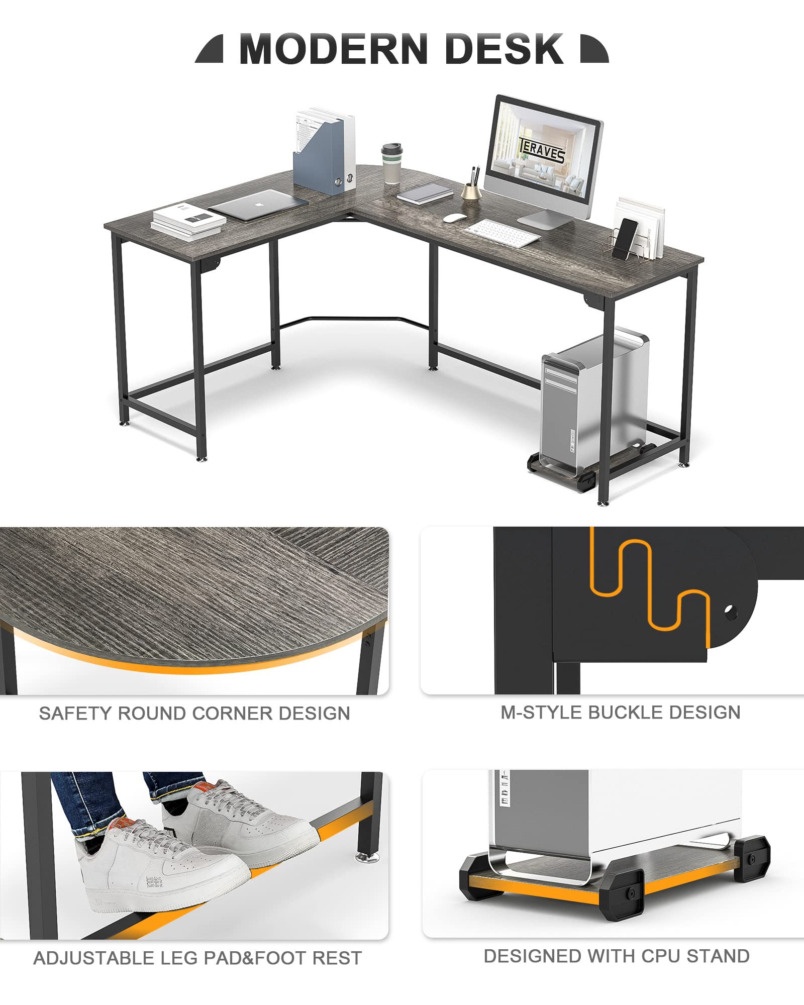 Teraves Modern L-Shaped Desk 58'' Corner Computer Desk Home Office Study Workstation Wood & Steel PC Laptop Gaming Table