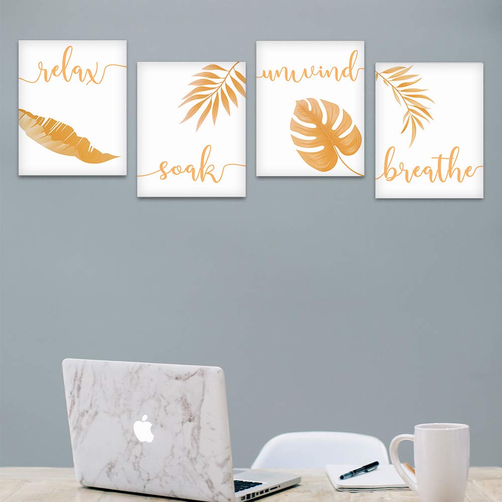 Terracotta Bathroom Decor - Relax,Soak,Unwind,Breathe Leaves Wall Art - Set of 4 8 x 10 Unframed Prints - Yoga Studio Art - Spa Decorative Photos - Home, Office, Classroom,Dorm Palm Tree Leaf Monstera