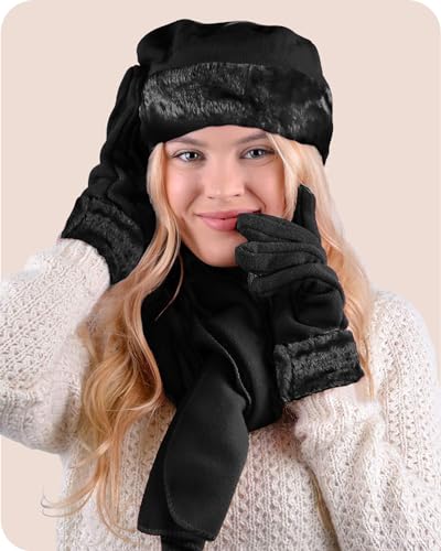 Women's Warm Fleece Hat Scarf and Glove Matching Set - Fur Trim Gift Set