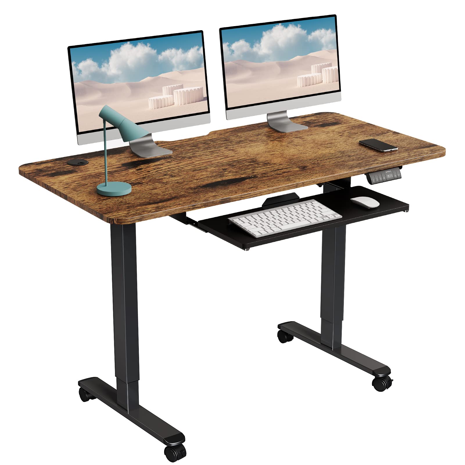 WOKA Electric Standing Desk Adjustable Height, 48 x 24 Inches Stand up Desk with Keyboard Tray, Sit Stand Desk with Memory Controller for Home Office, Motorized Desk with Splice Board, Rustic Brown