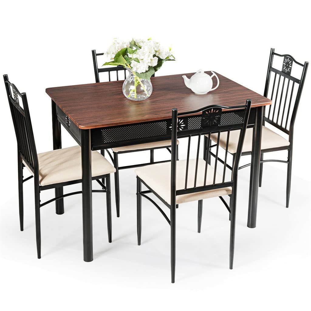 WFHTU 5 Piece Dining Set Wooden Metal Table and 4 Chairs Kitchen Breakfast Furniture