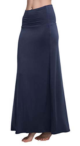 Urban CoCo Women's Stylish Spandex Comfy Fold-Over Flare Long Maxi Skirt (M, Navy Blue)