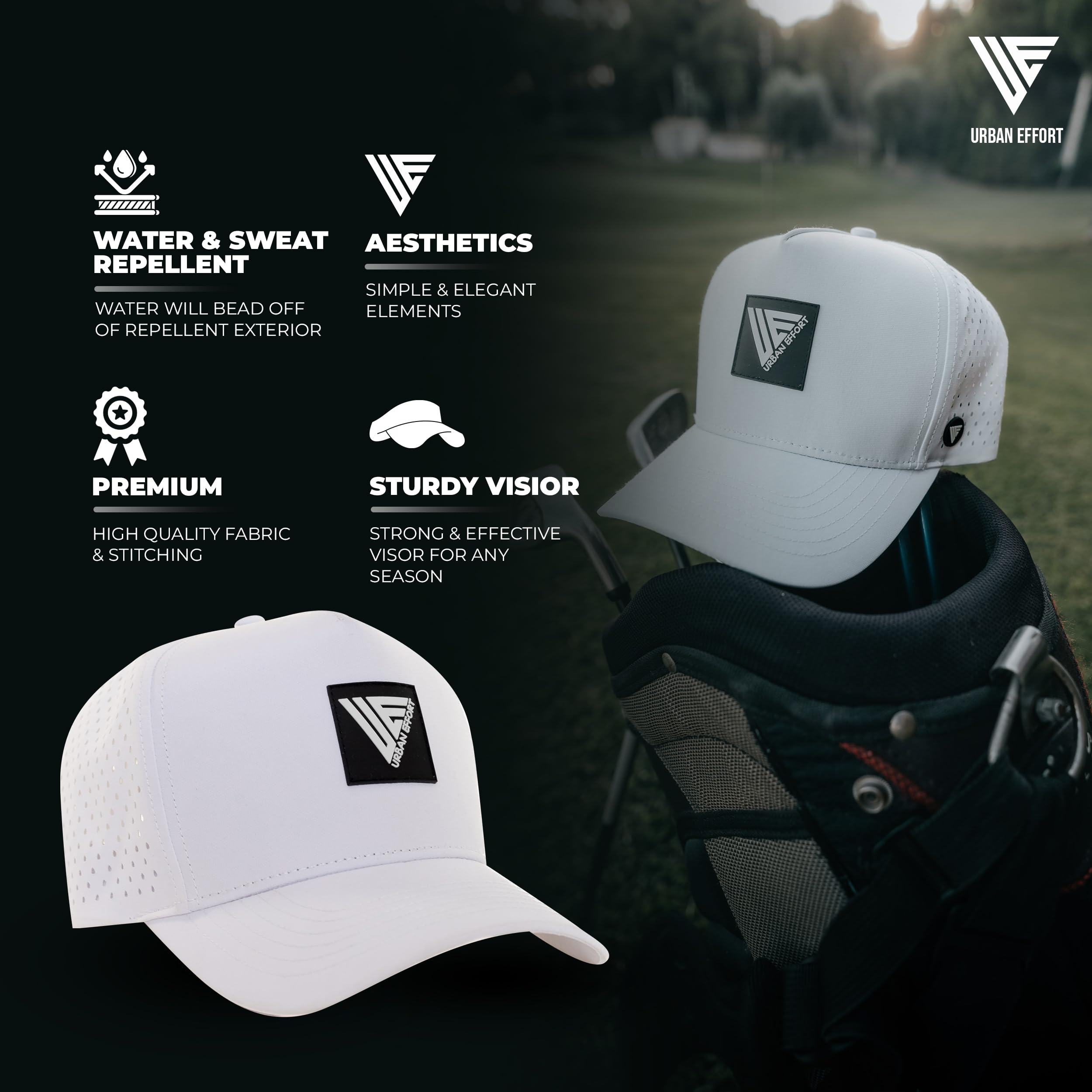 Urban Effort Hydro Performance Hat-Water-Resistant Baseball Cap-Men and Women-Great Snapback for Golf, Adventure,Lake,Workout (White, Curved Bill)