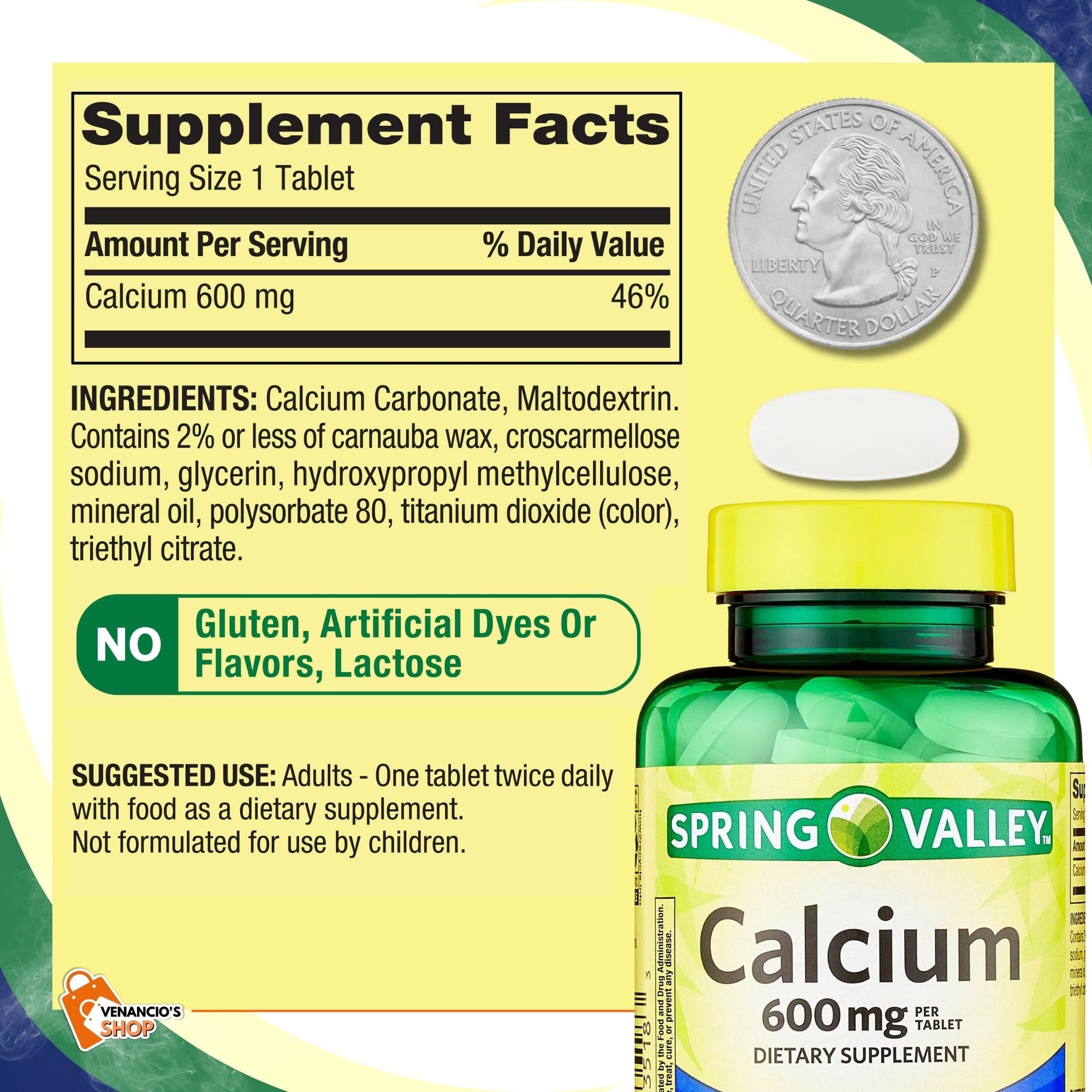 Spring Valley Calcium 600 mg 100 Tablets, Dietary Supplement, Bone Health Calcium + Includes Venancio’sFridge Sticker (Pack of 1)