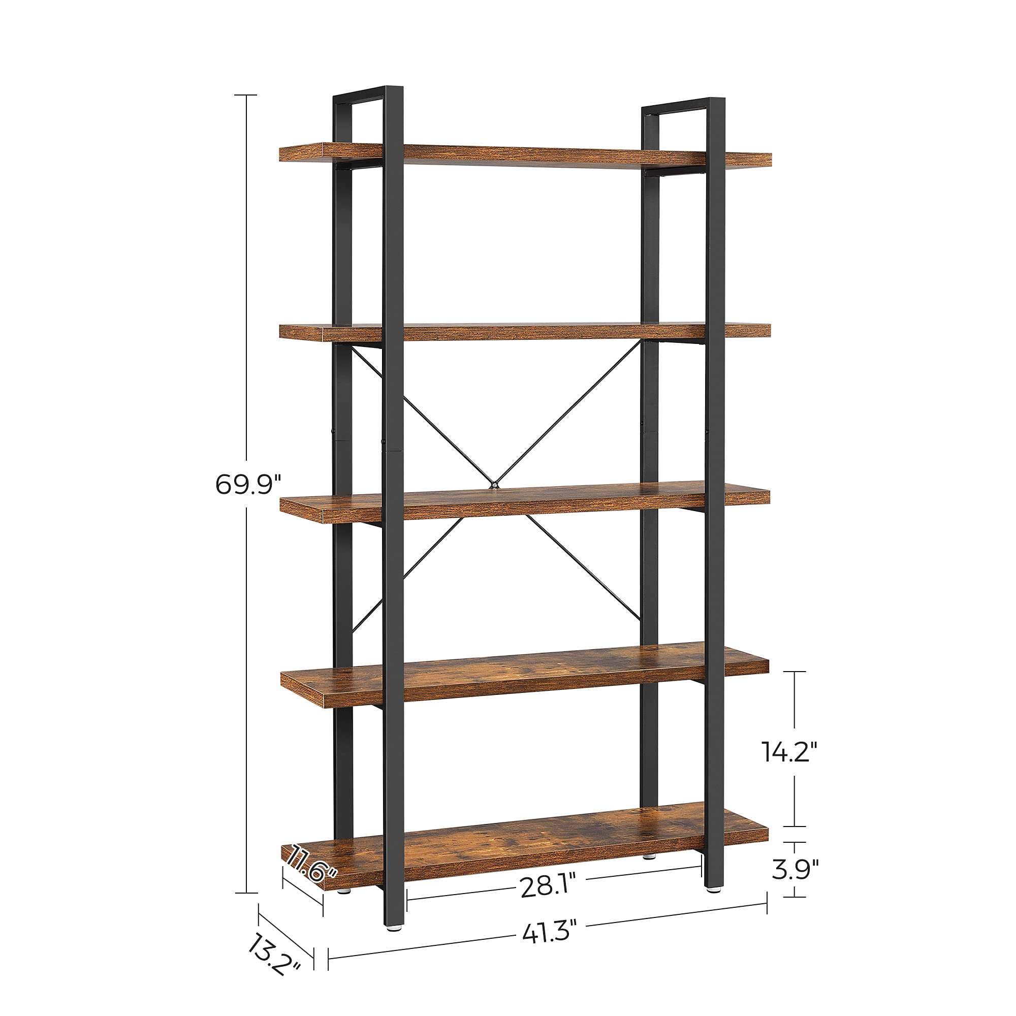 VASAGLE Industrial Bookshelf, 5-Tier Bookcase, Display Rack, Stable Ladder Shelf, Easy Assembly, Living Room, Bedroom, Office, Rustic Brown and Black ULLS55BX